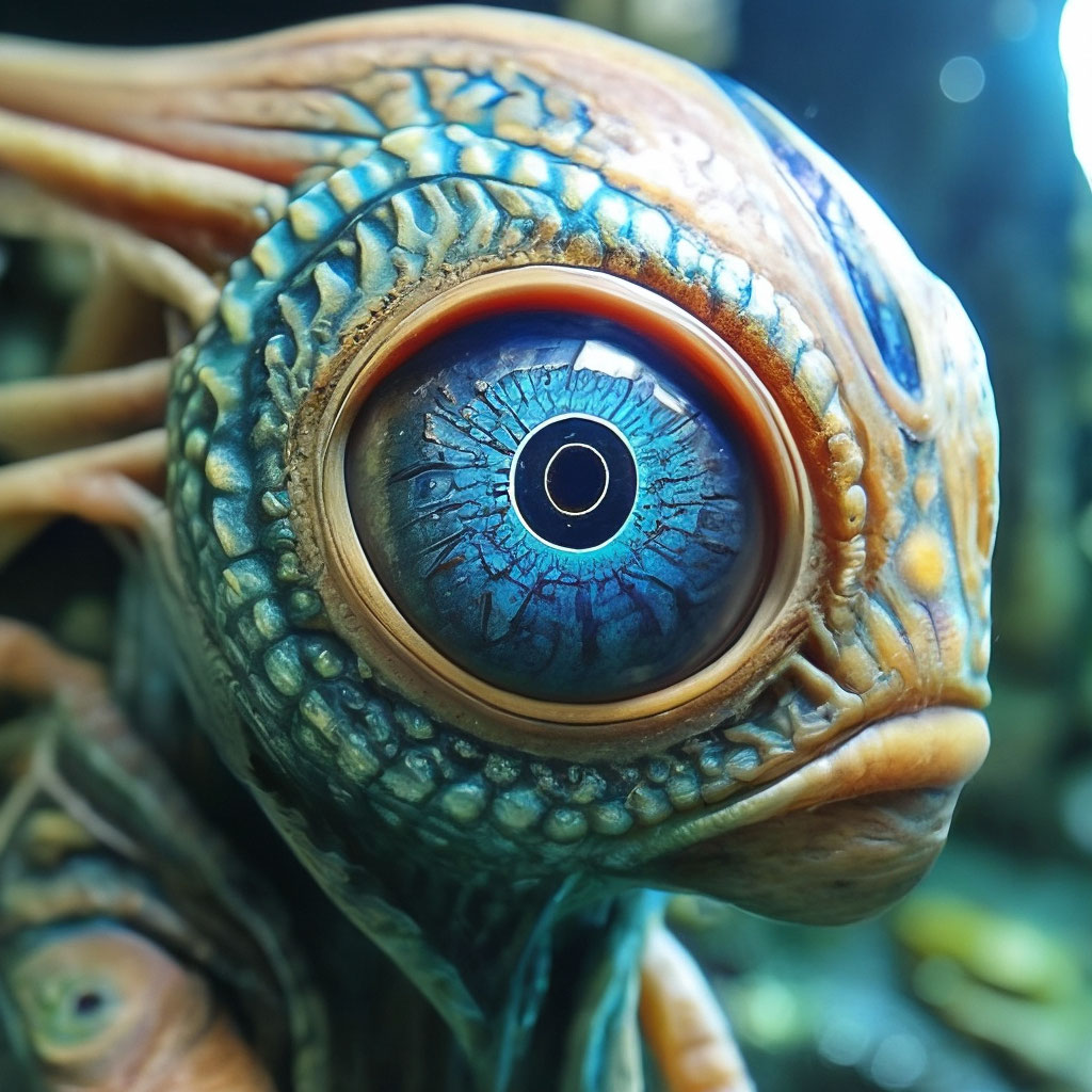 aquatic alien large detailed eyes" — image created in Shedevrum