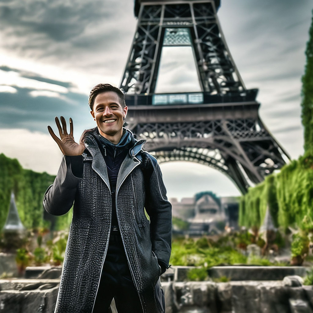 "A satisfied stalker with a smile and a gesture OK and the Eiffel Tower ...
