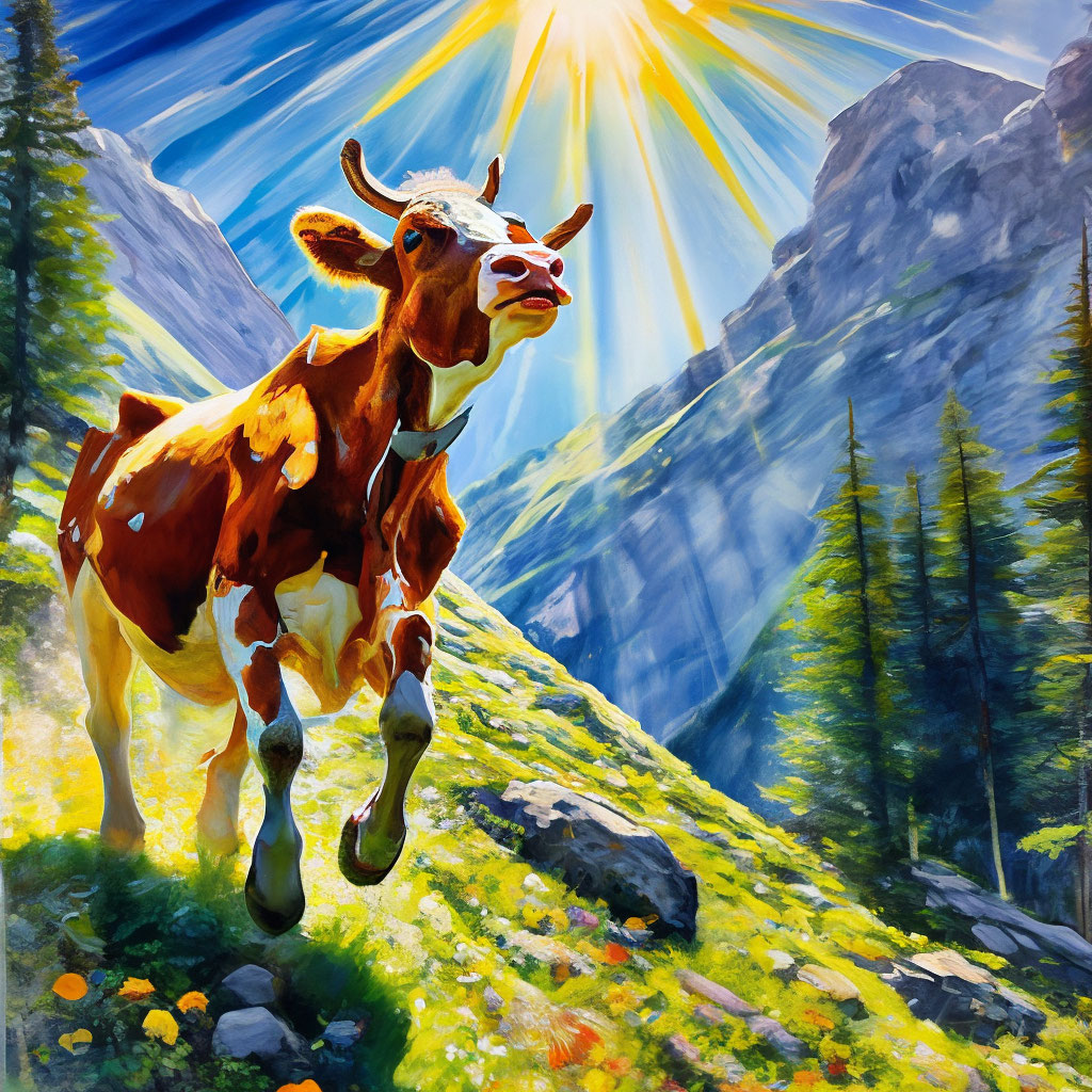 "Watercolour; The first flight of a cow; lots of light; alpine glade ...