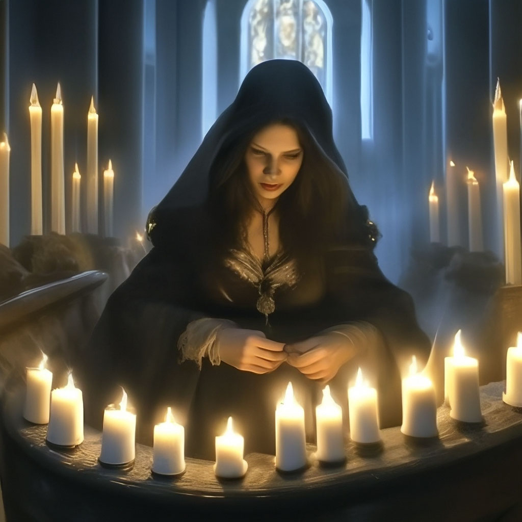 "Mystical novel "Viy" Gogol Witch, coffin,circle,wind,candles ...