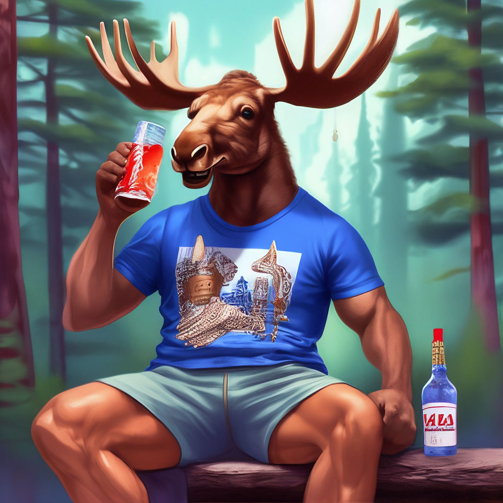 "Moose in shorts and T-shirt, drinking vodka" — image created in Shedevrum