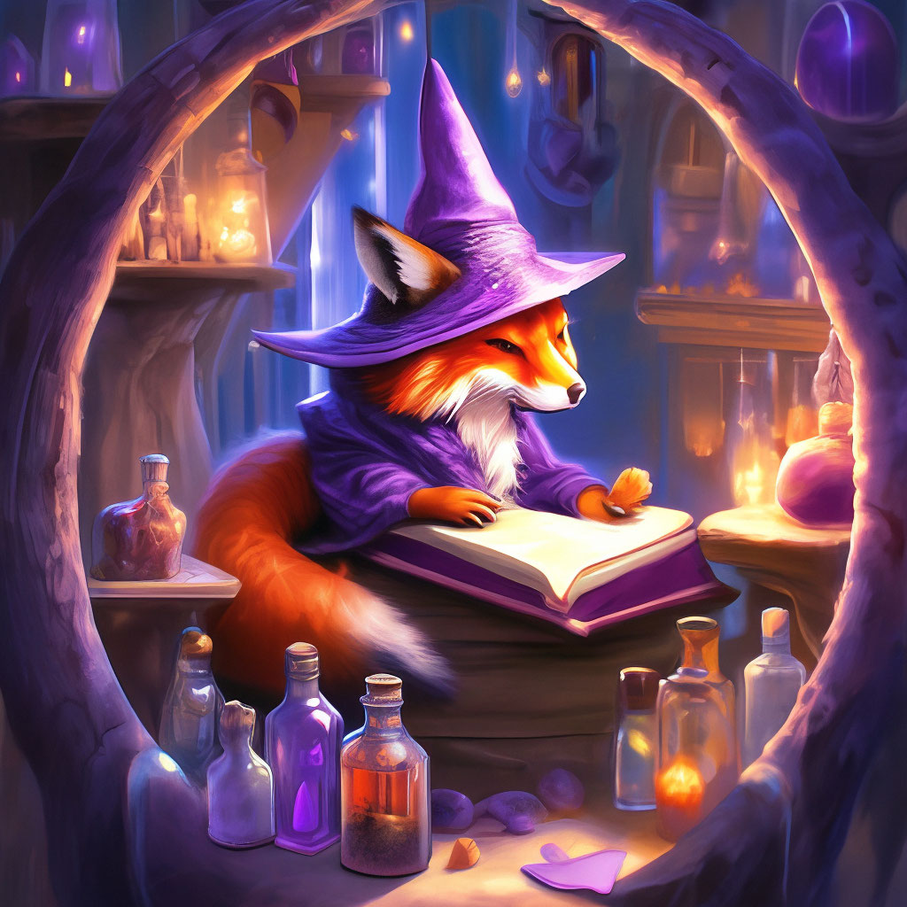 "A red fox with seven tails and a witch's hat of a delicate purple ...