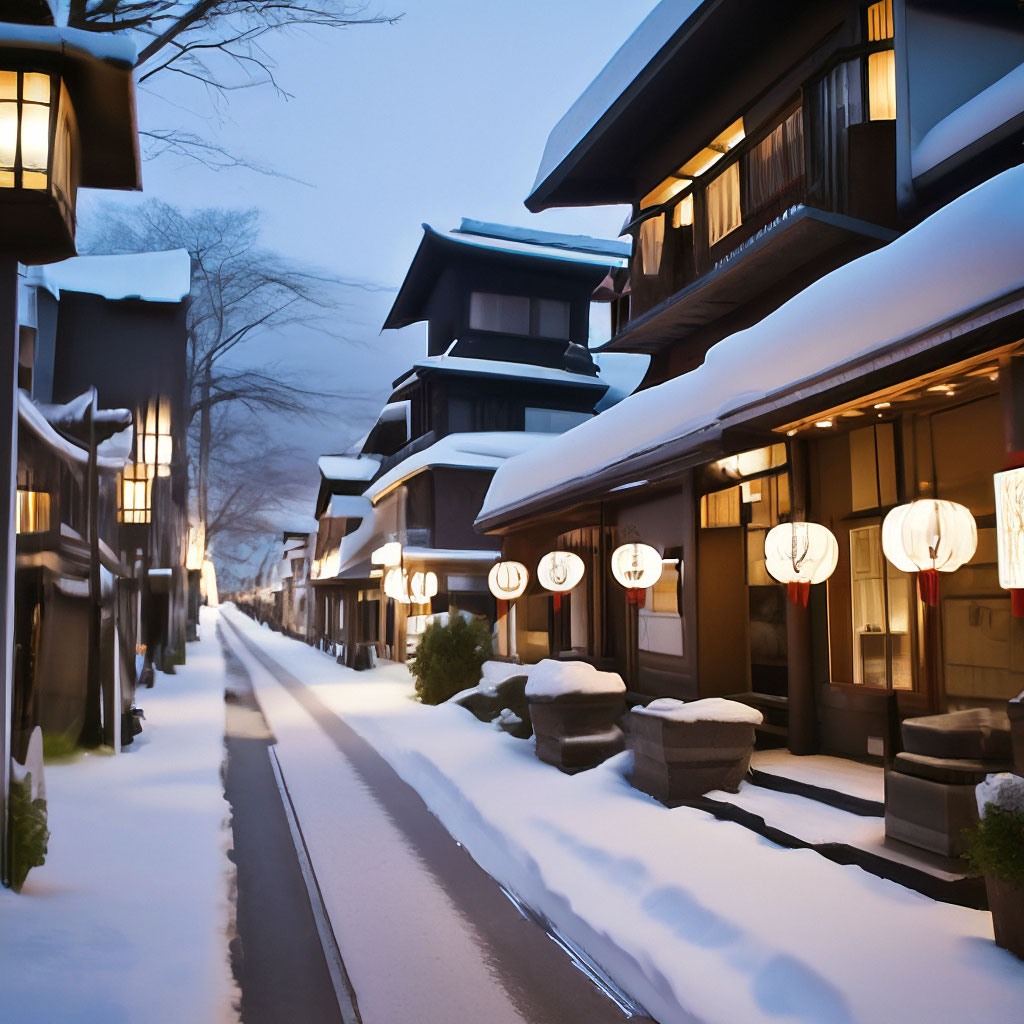 "Japan clean streets in the city snow two-storey houses lanterns ...