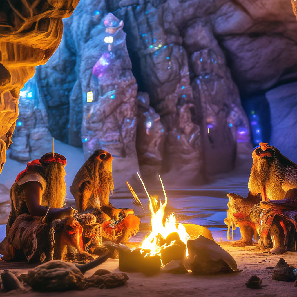 "Two primitive people, clothes made of skins, sitting by a campfire in ...