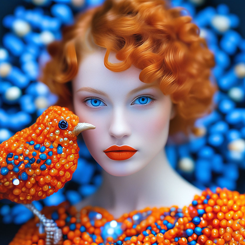 "🟠 Beaded total-orange bird with the face of a red-haired woman with ...
