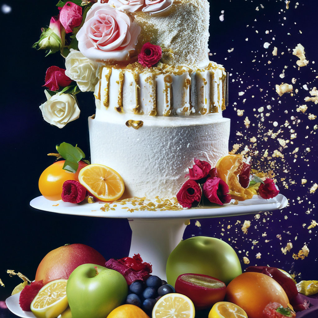 "With love 500K!🎁On a dark plate, a 3-tiered white cake, count ruins ...
