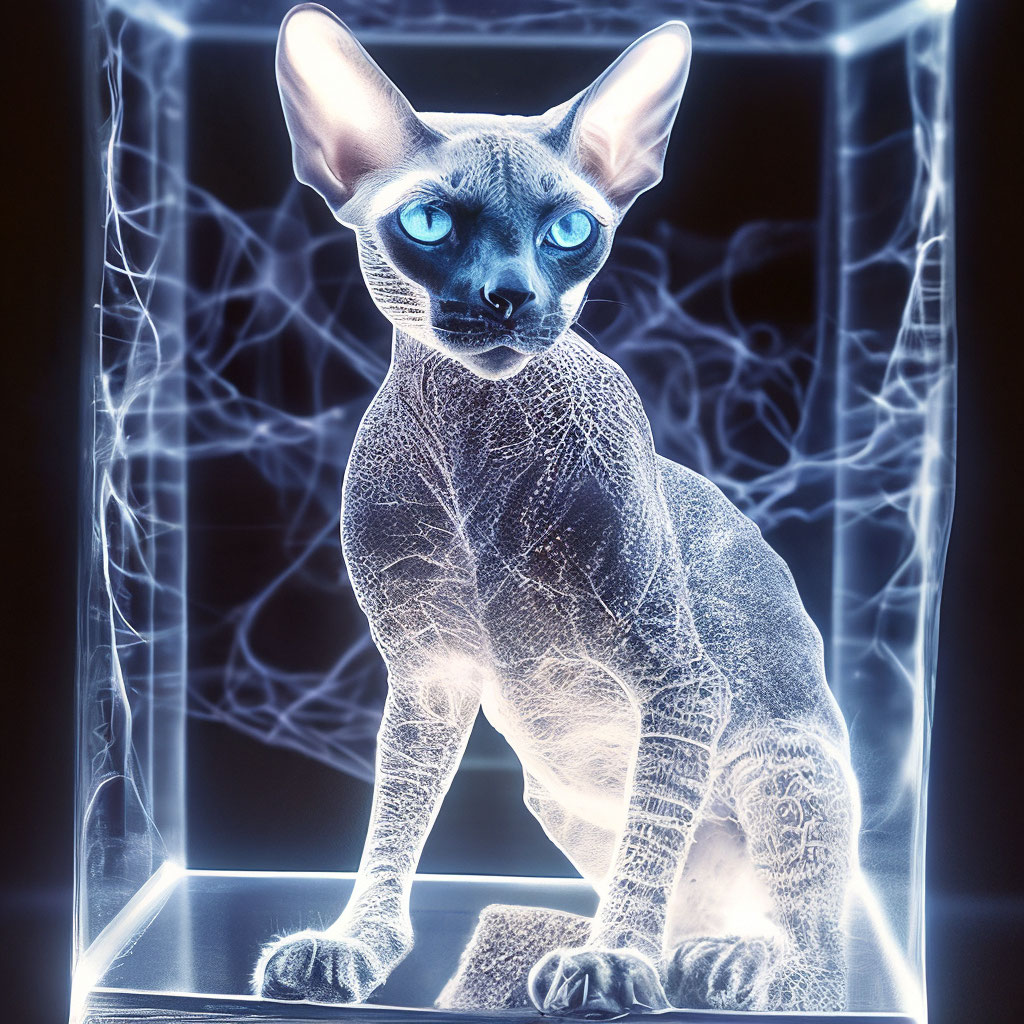 "A Sphinx cat sits in a box,fractal transparency of millions of brain ...