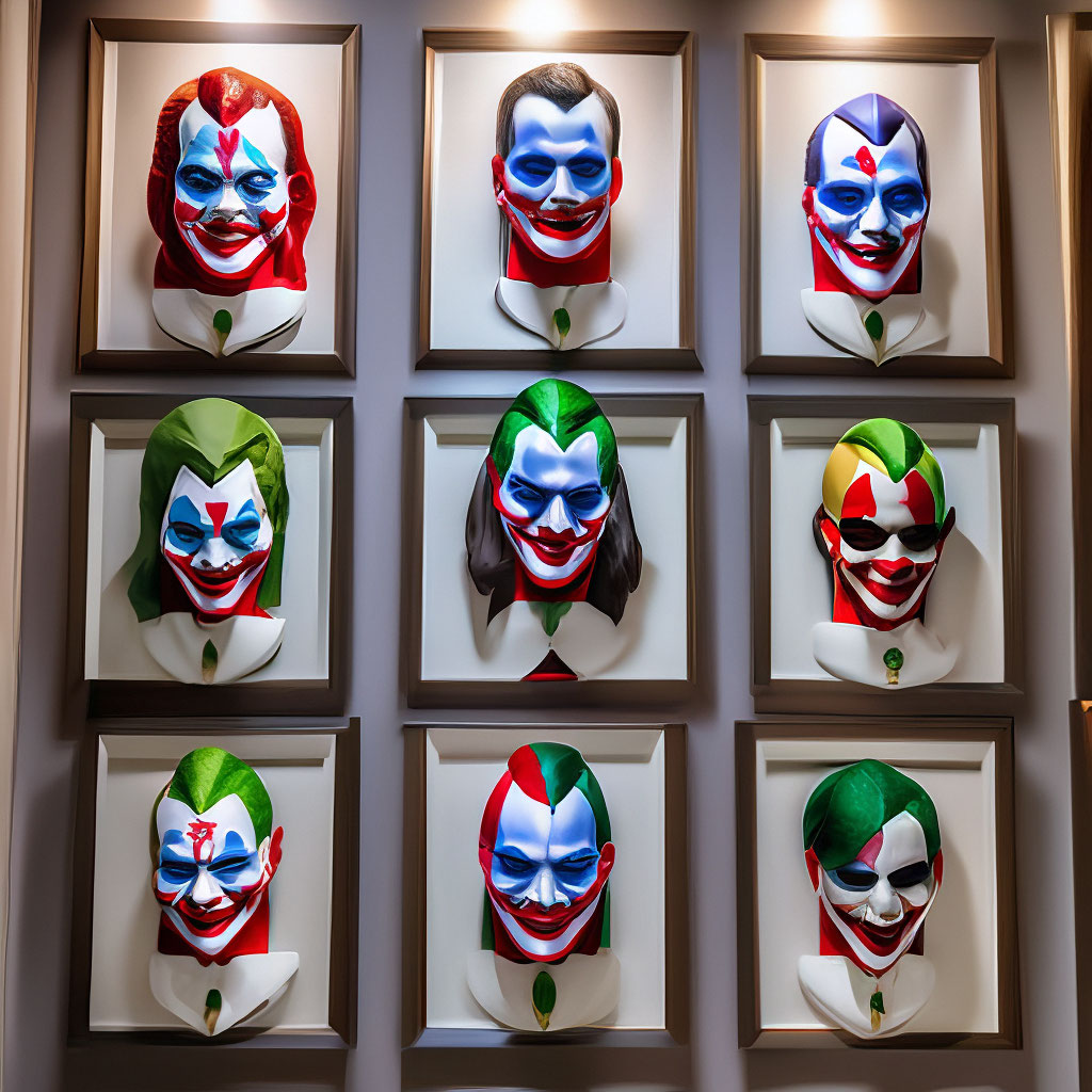 "In the art gallery, there are Joker faces hanging on the wall, many ...