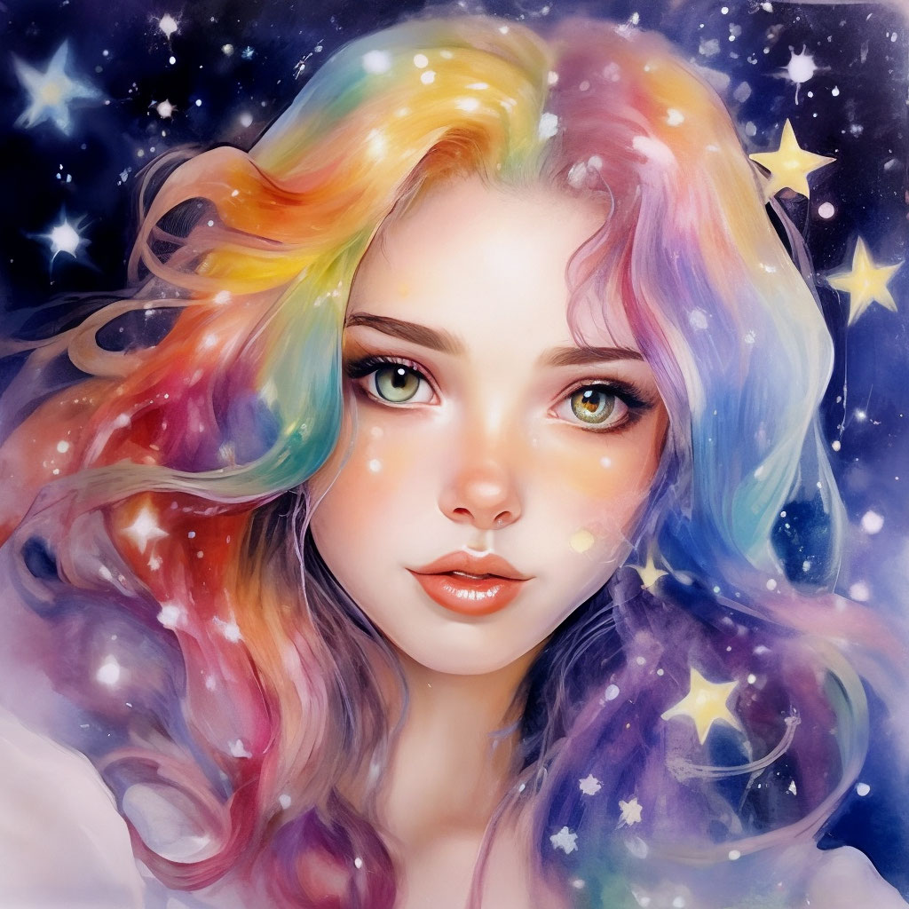 "Watercolor, fabulous star girl 25 years old, scattering of stars ...