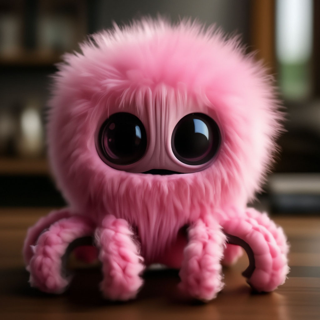 "Pink very fluffy alien Pugz, spherical, six eyes on stalks sticking ...