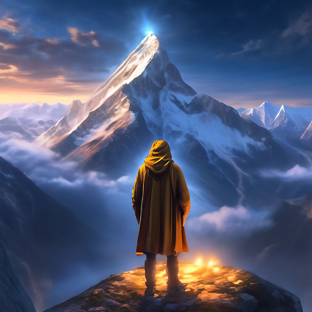 "A hooded wanderer stands in front of a very high huge mountain, below ...