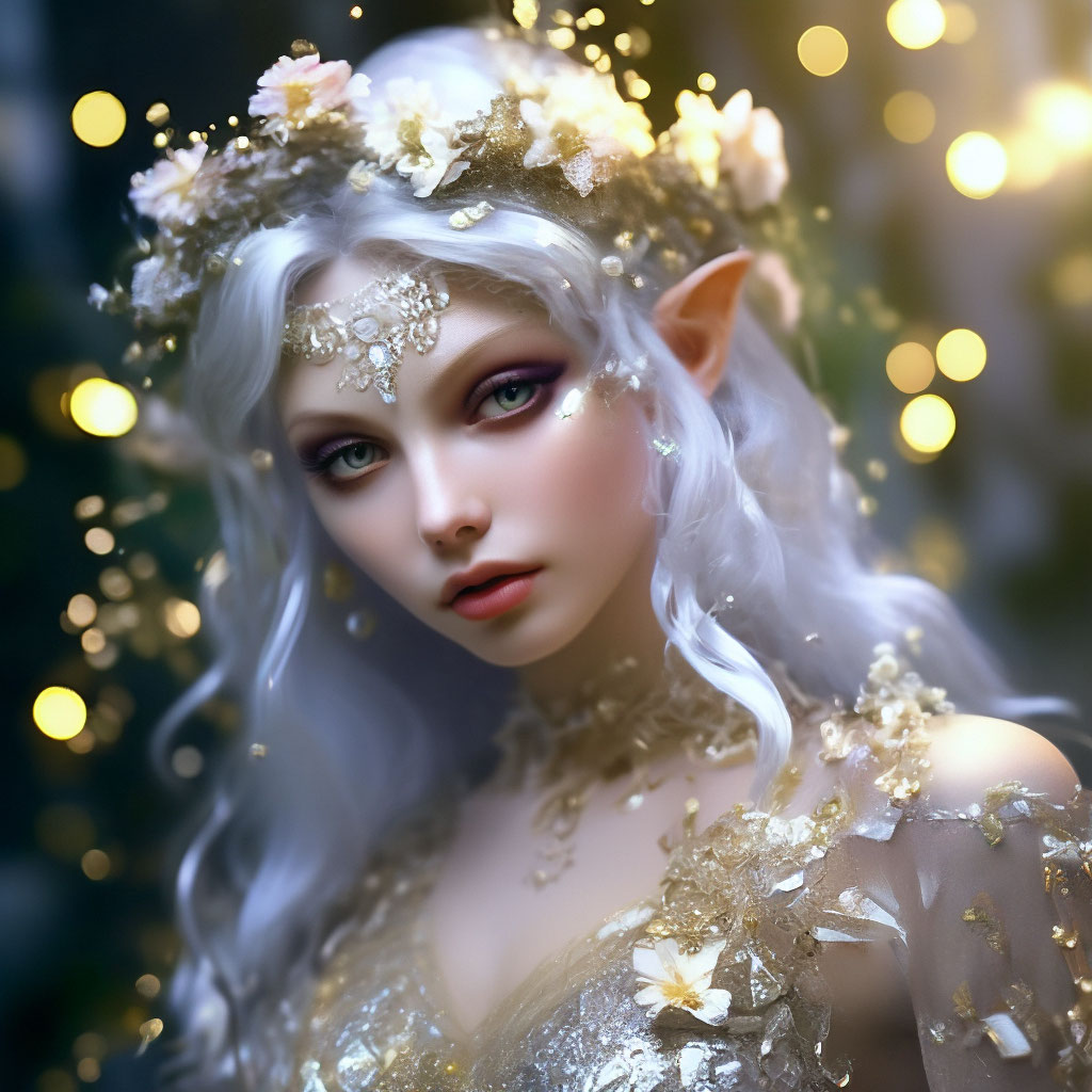 "Floral scent, cute elf Aethril, glitter on the face, huge eyes, plump ...