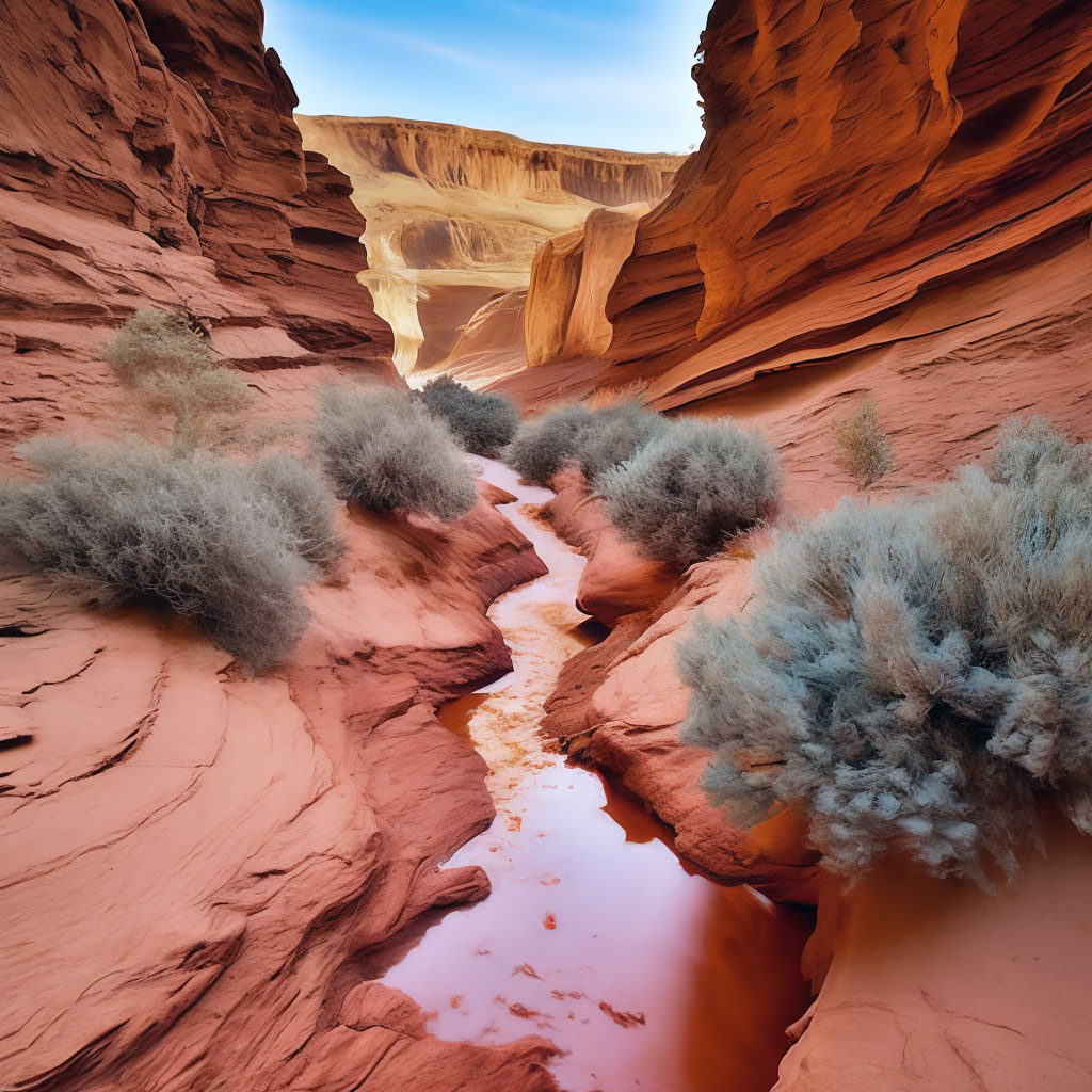 "Canyon of red clay, river, dry shrubs" — image created in Shedevrum