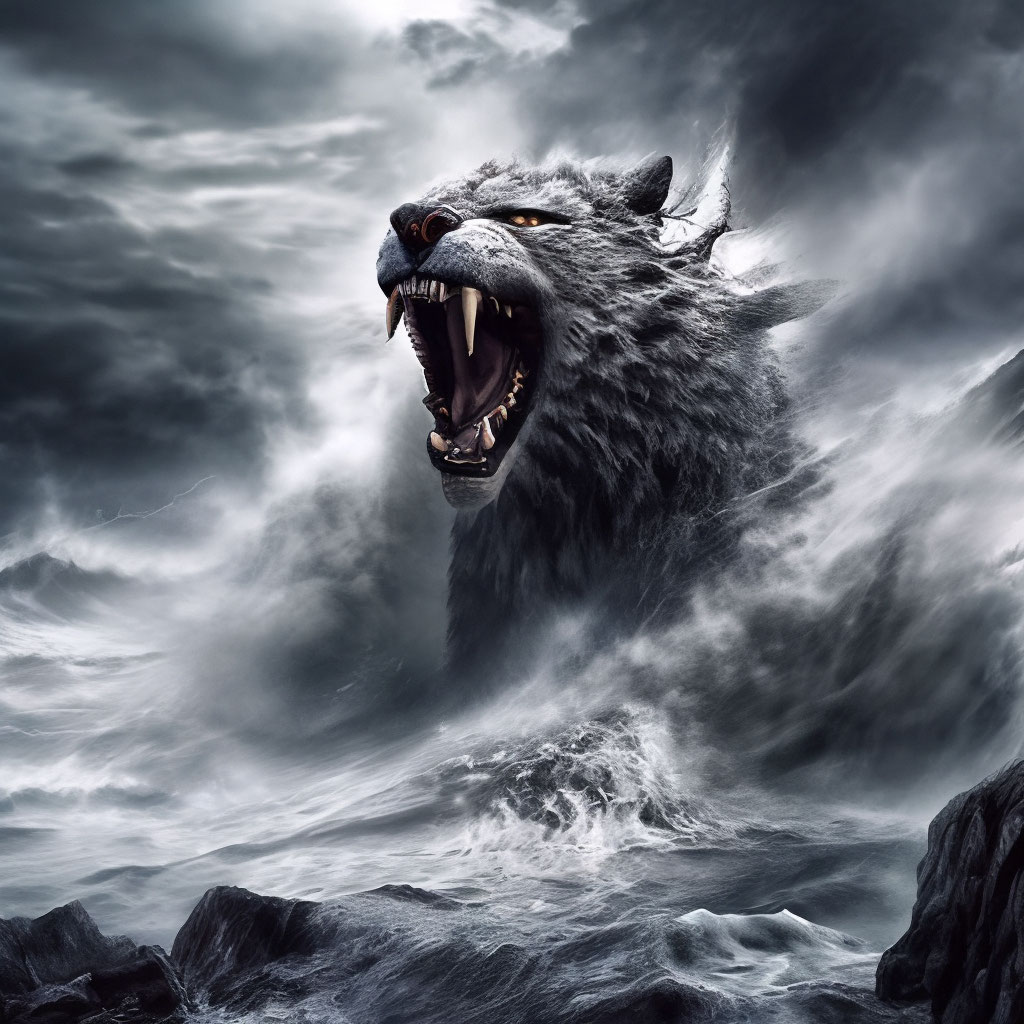 "Rabid rassamaha grin wild frenzied, gothic landscape,3d,horror, waves ...