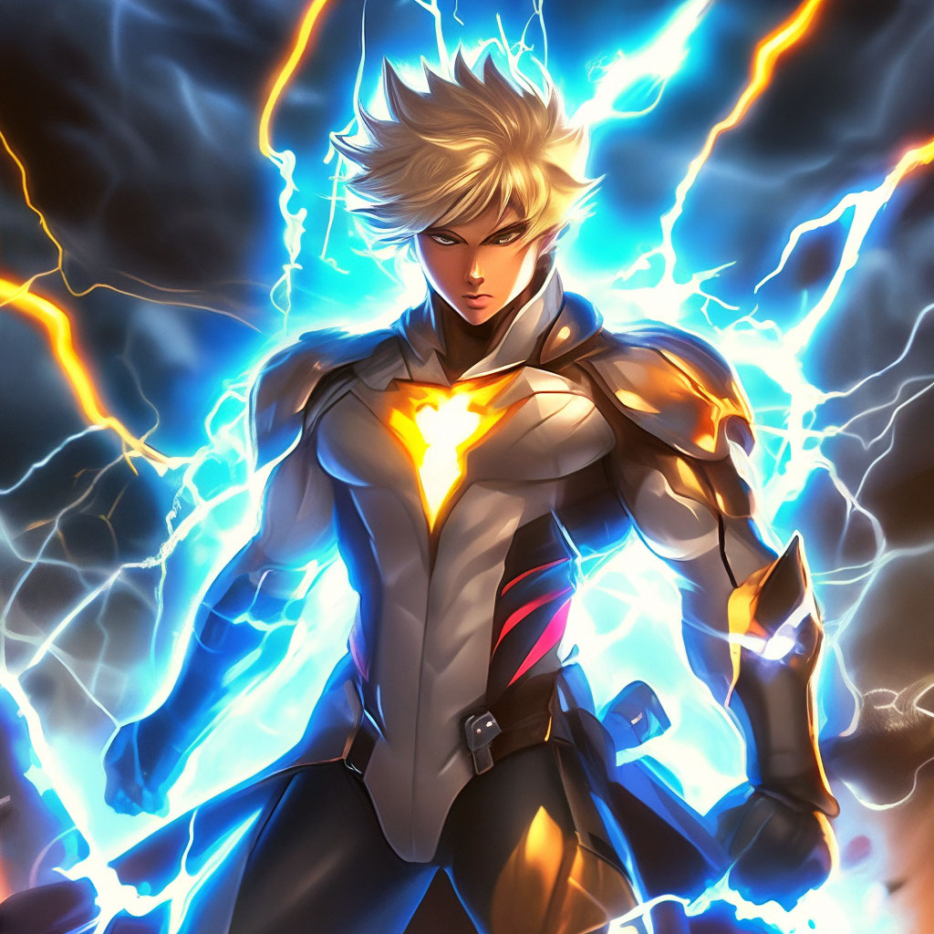 "Hero with lightning power, high detail, anime style" — image created ...