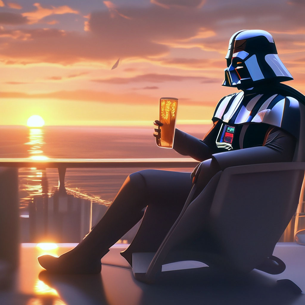 "Darth Vader is sitting in a chair drinking seagulls in a cyber city ...