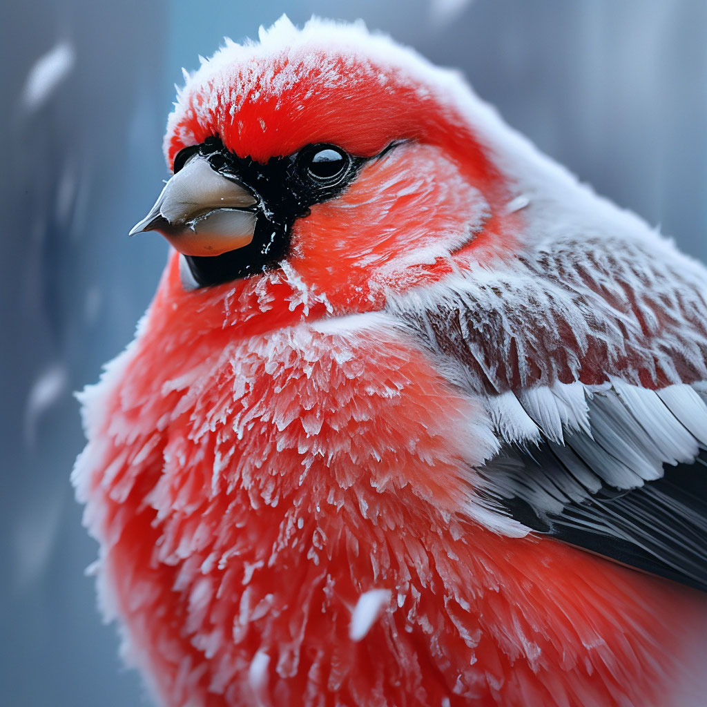 "Portrait of a bright red bullfinch covered with frost painted with ink ...