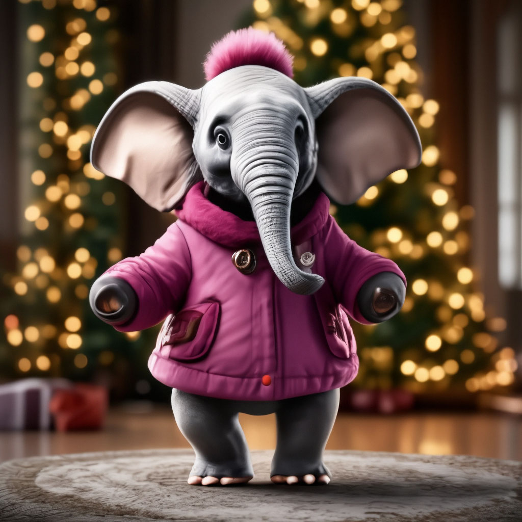 "An elephant in a pink jacket dances near the Christmas tree" — image ...