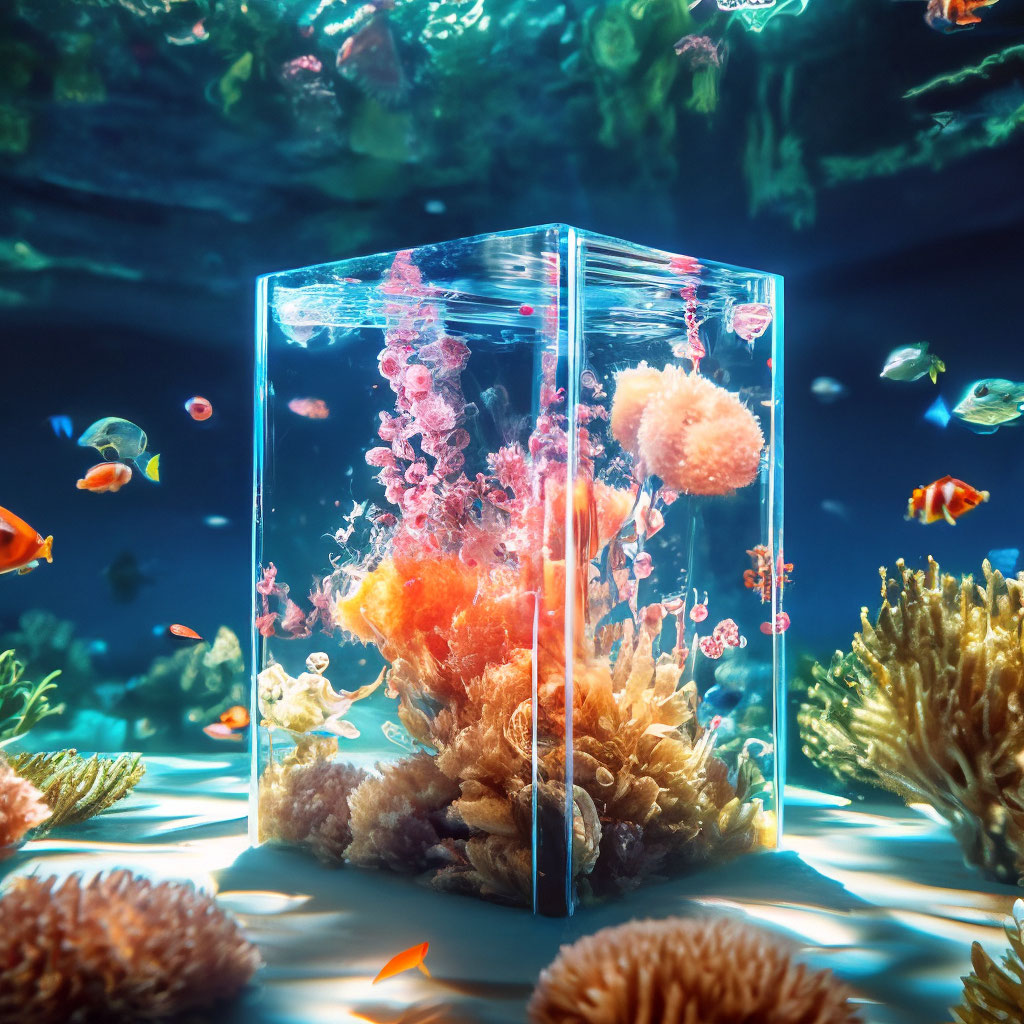 "Transparent cube filled with water, and corals, jellyfish, fish, algae ...