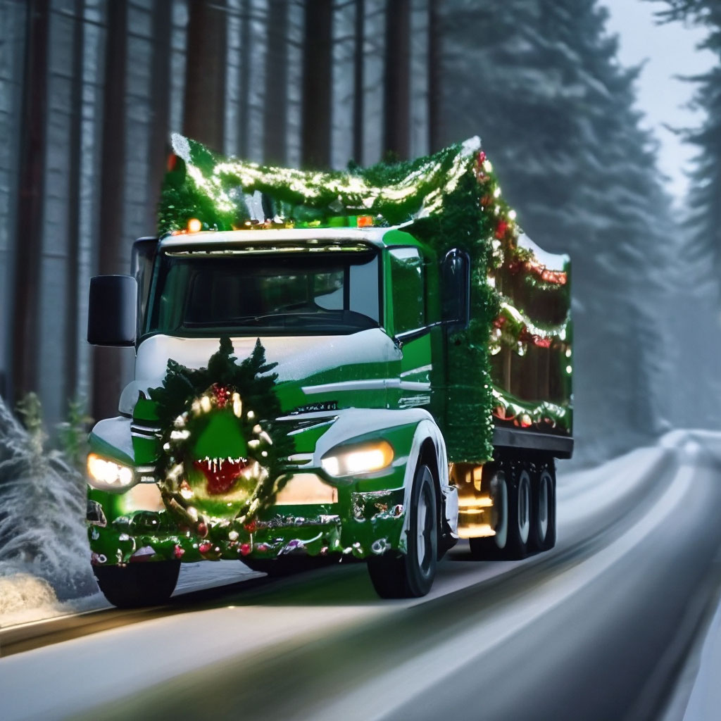 "A truck in the shape of a green fluffy Christmas tree garlands on the ...