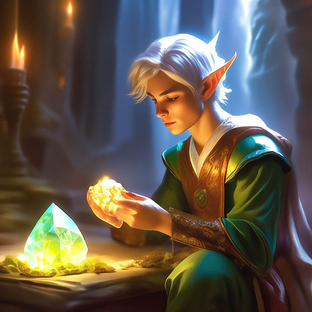 "A young, handsome elf studying a gemstone, mystical atmosphere, high ...