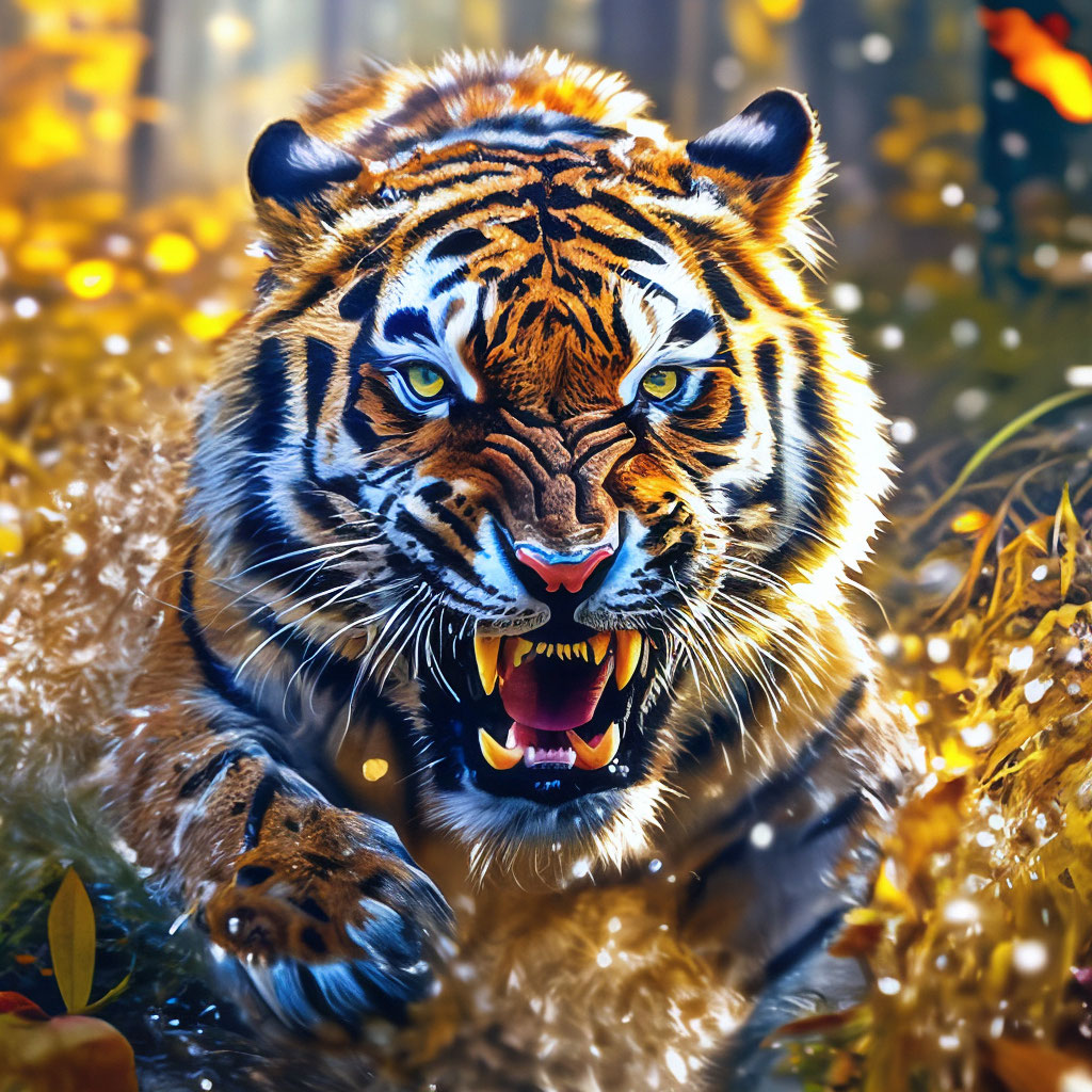 "Autumn hyper realistic,strong,beautiful,realistic, tiger in a jump ...
