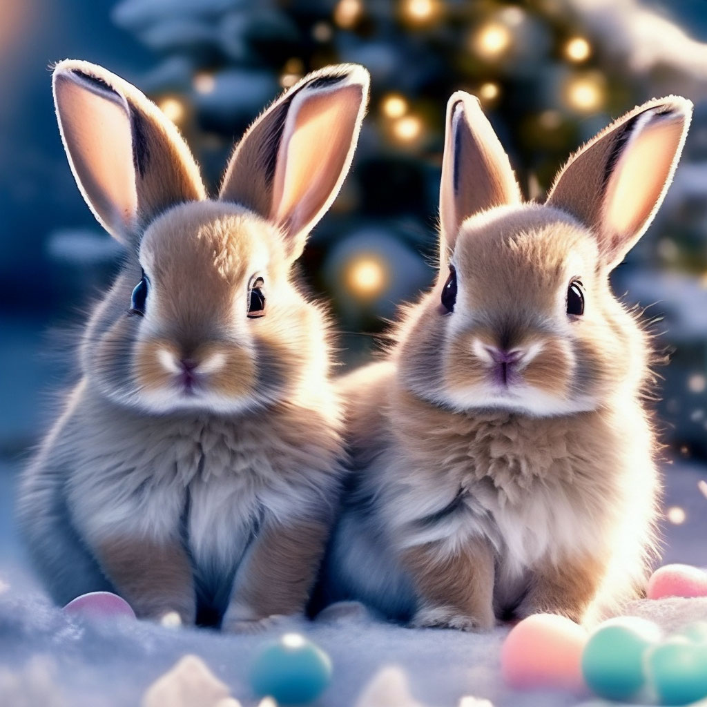 "Cute pretty baby rabbits sitting under a Christmas tree on a bright ...