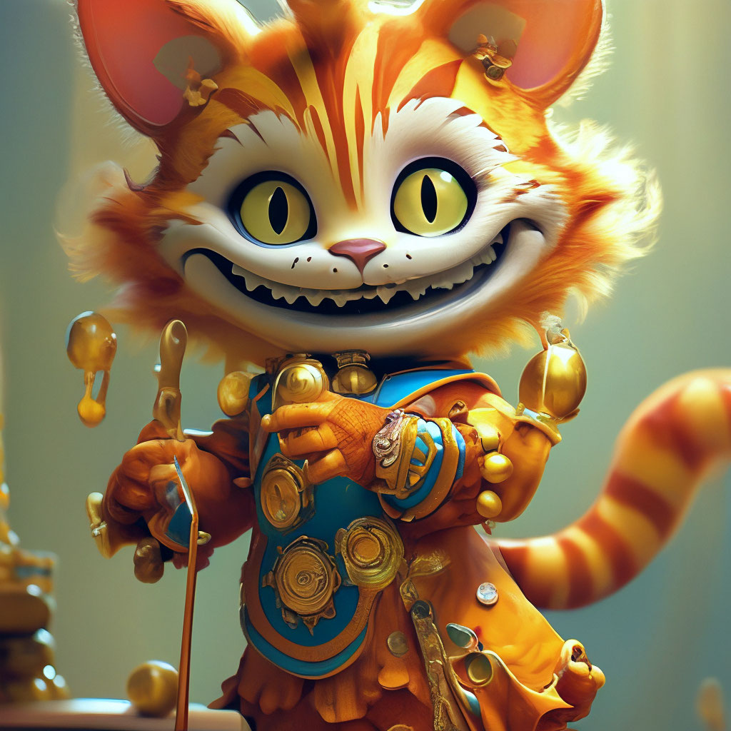 "Cheshire-cat, ochre colors, ugly, anthropomorphic, expressive eyes ...