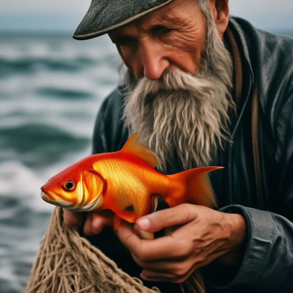 "Hyperrealistic,an old man catches a fish with a net,a fishing net ...