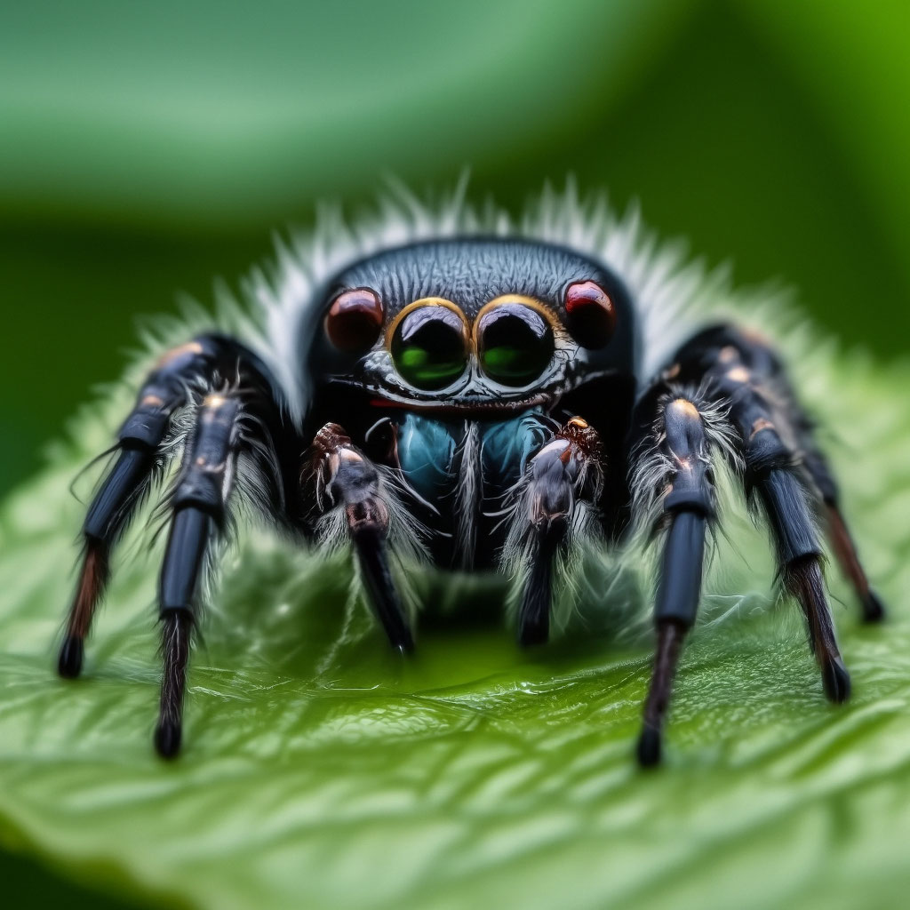 "A fluffy black spider with big eyes sits on a green leaf" — image ...