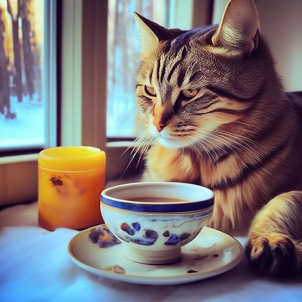 "The cat is resting and drinking a Cup of tea and exhales said the cat ...