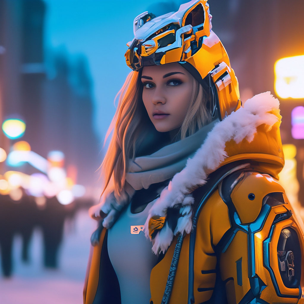 "Beautiful cyberpunk girl transformer warrior stands on the winter ...