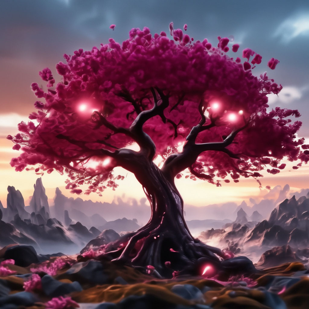 "An alien fairy tree blooming with rubies" — image created in Shedevrum