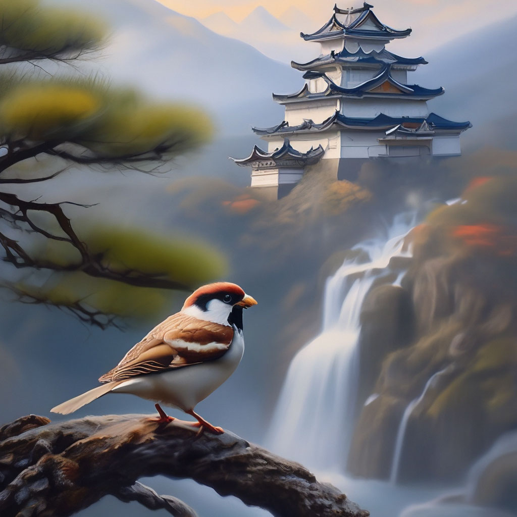 "A sparrow on a pine branch. in the background there are mountains, a ...