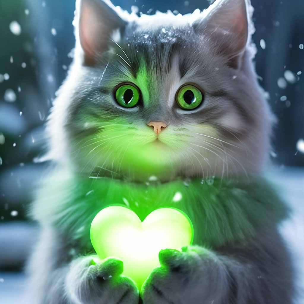 "😍 smoky Czech cat, holds a glowing green heart in its paws, cat's eyes ...