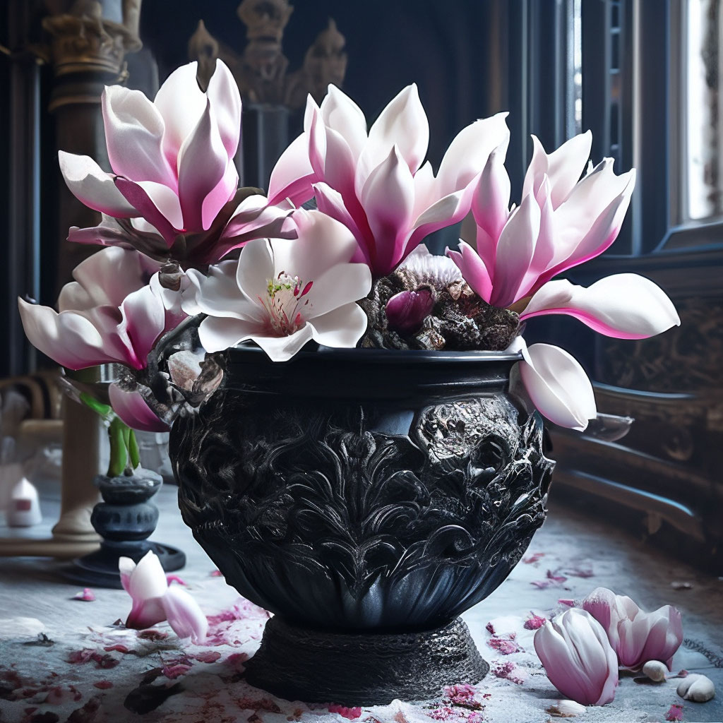"4d, powerful color,black huge pot in Gothic style, lush thick magnolia ...