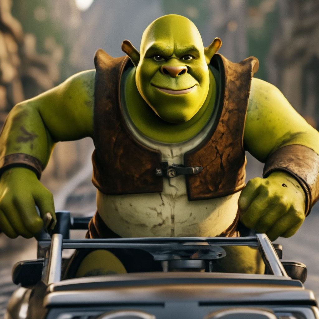"Shrek runs on an armored car, beautiful, realistic, professional photo ...