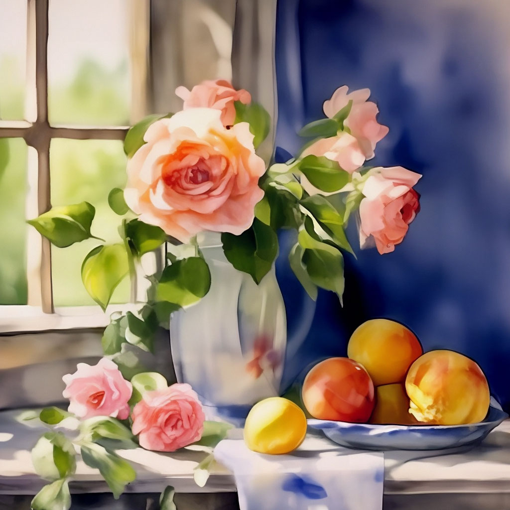 "Summer watercolor still life is simple. with roses" — image created in ...