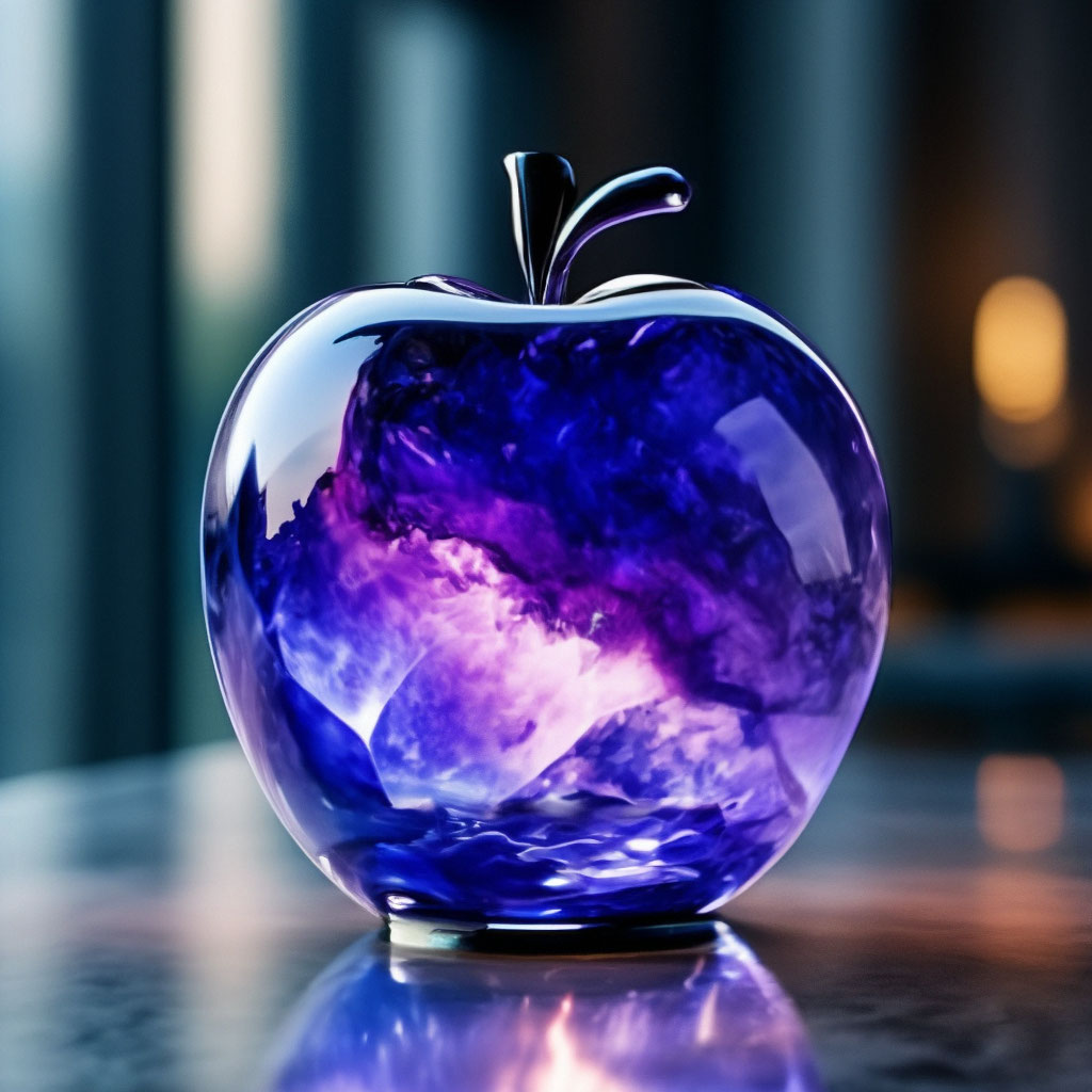 "Epic crystal blue apple with glowing purple clouds inside, white haze ...