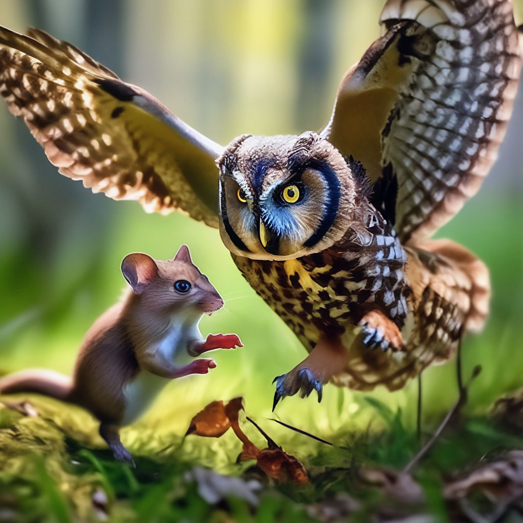 "Owl hunts mouse: flies tree branches with outstretched claws to grab a ...