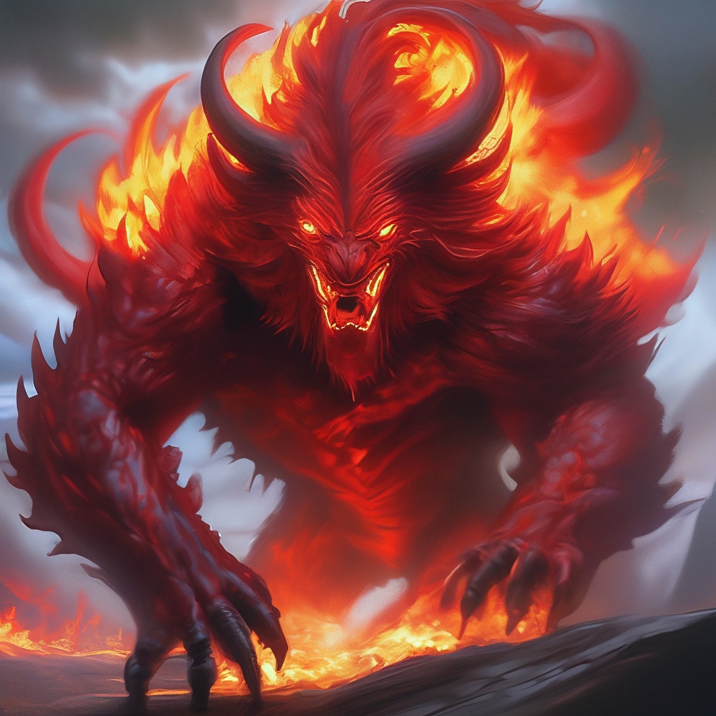 "Hyperrealism, a beautiful fiery red anthropomorphic beast on fire ...