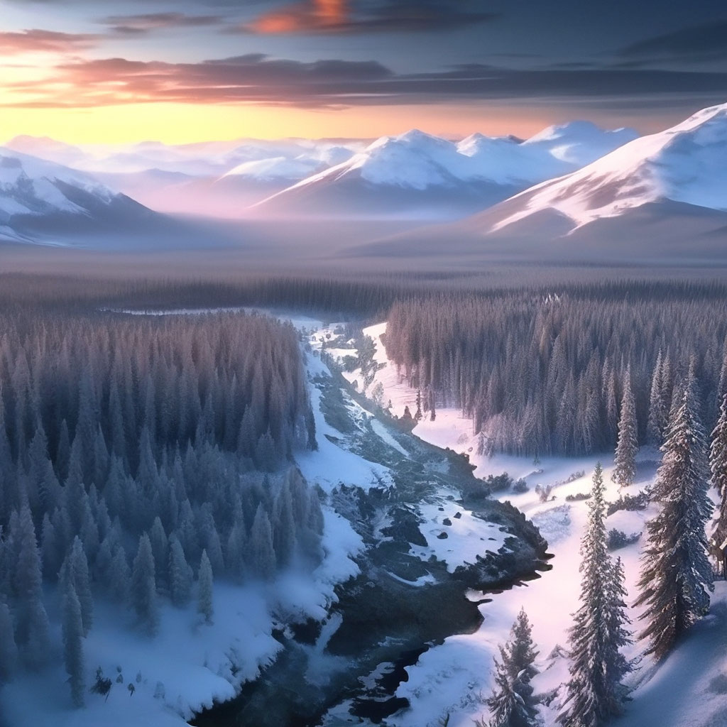 "Snowy forest, taiga, top view, river, mountains, hyperrealism, 8k ...