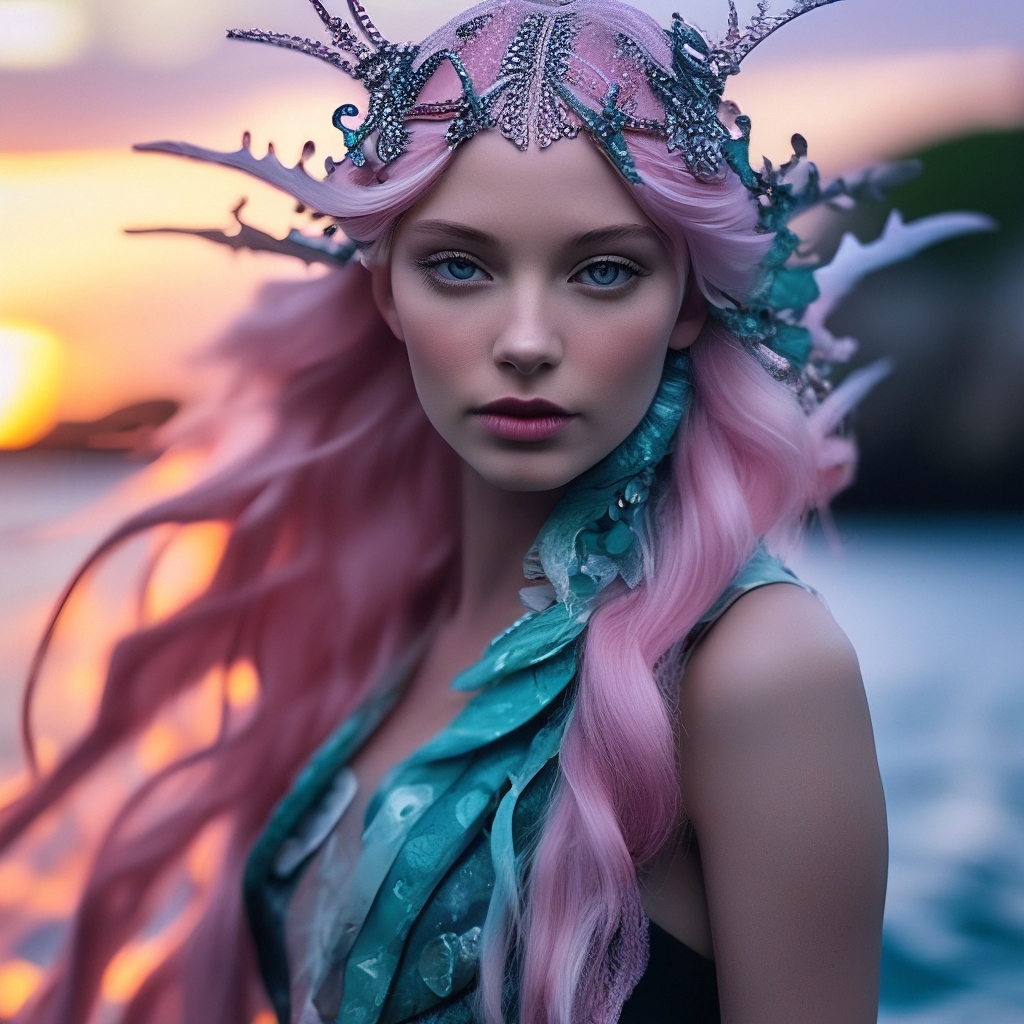 " ️ sea nymph emerges from the water, black-white-turquoise tones, pink ...