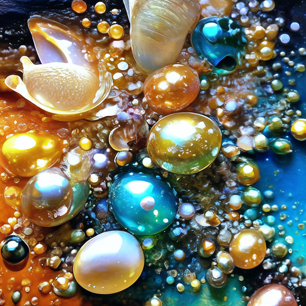 "Alcohol ink with drawing, sea shore shells stones pearls splashes ...