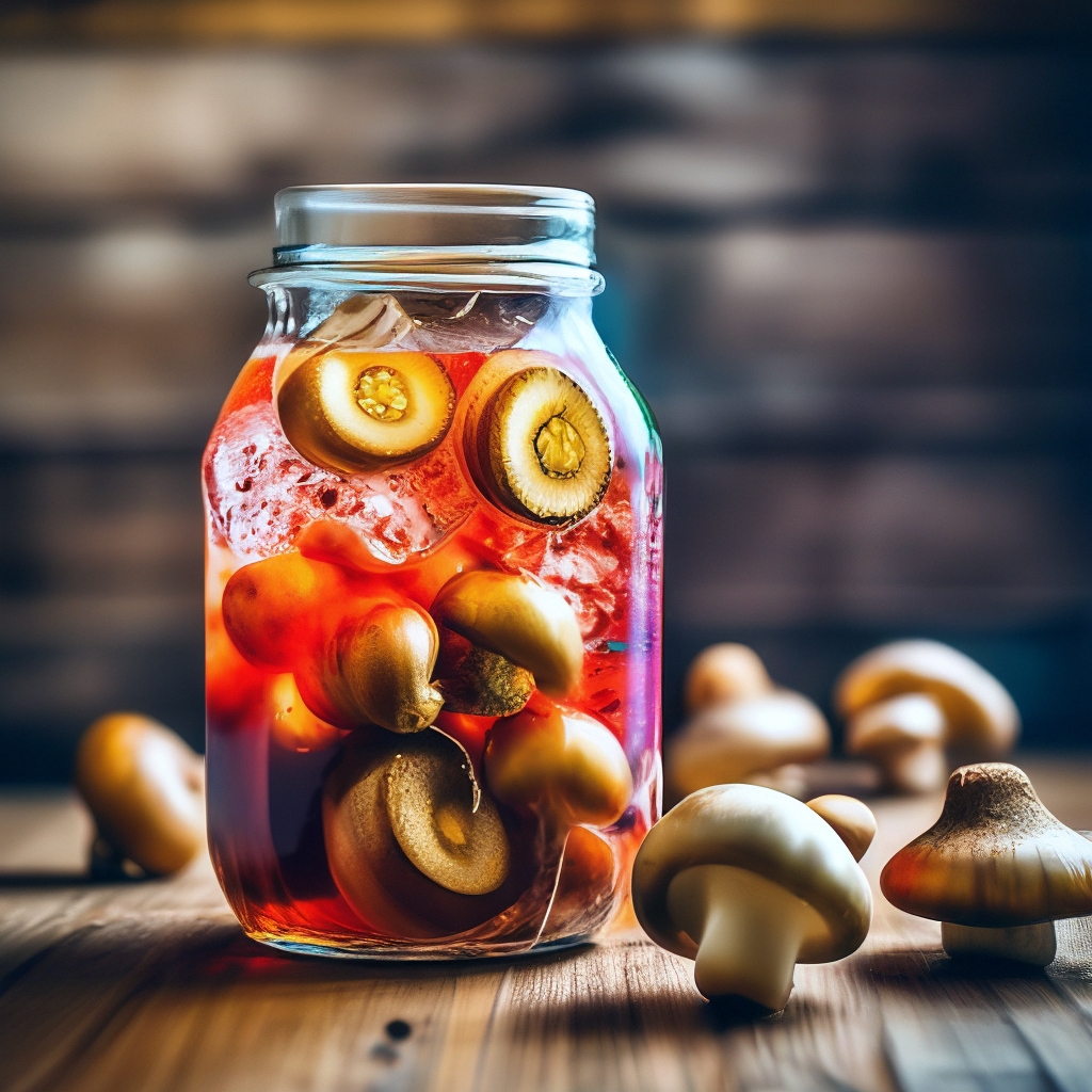 "Colorful soda from champignons in an iron jar" — image created in ...