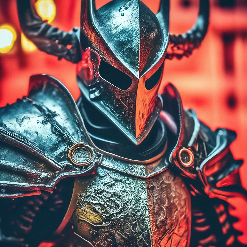 "Demon knight in large armor, red eyes, hyperrealization on a red ...