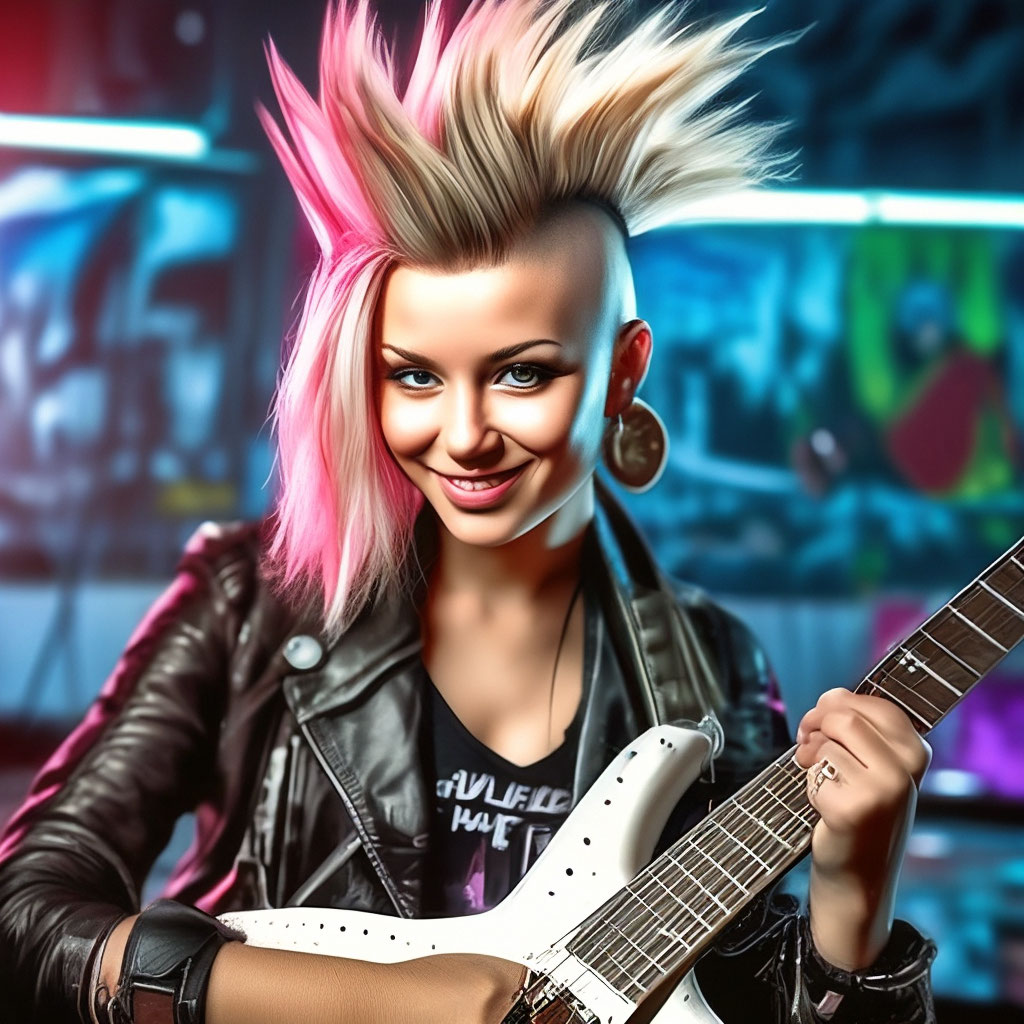 "Girl guitarist metallist, punk rock, Russian rock, mohawk on her head ...