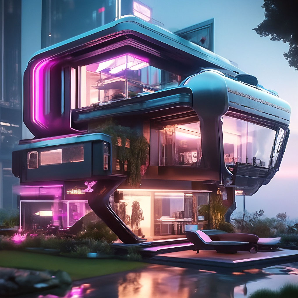 "Cyberpunk style house" — image created in Shedevrum