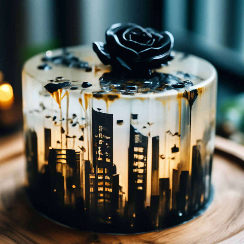 "Cake city made of transparent epoxy resin black rose flowers and drops ...