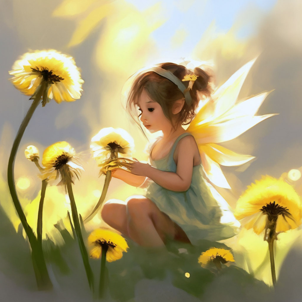 "Little fairy girl among dandelions, sunny a sketch. sketch" — image ...